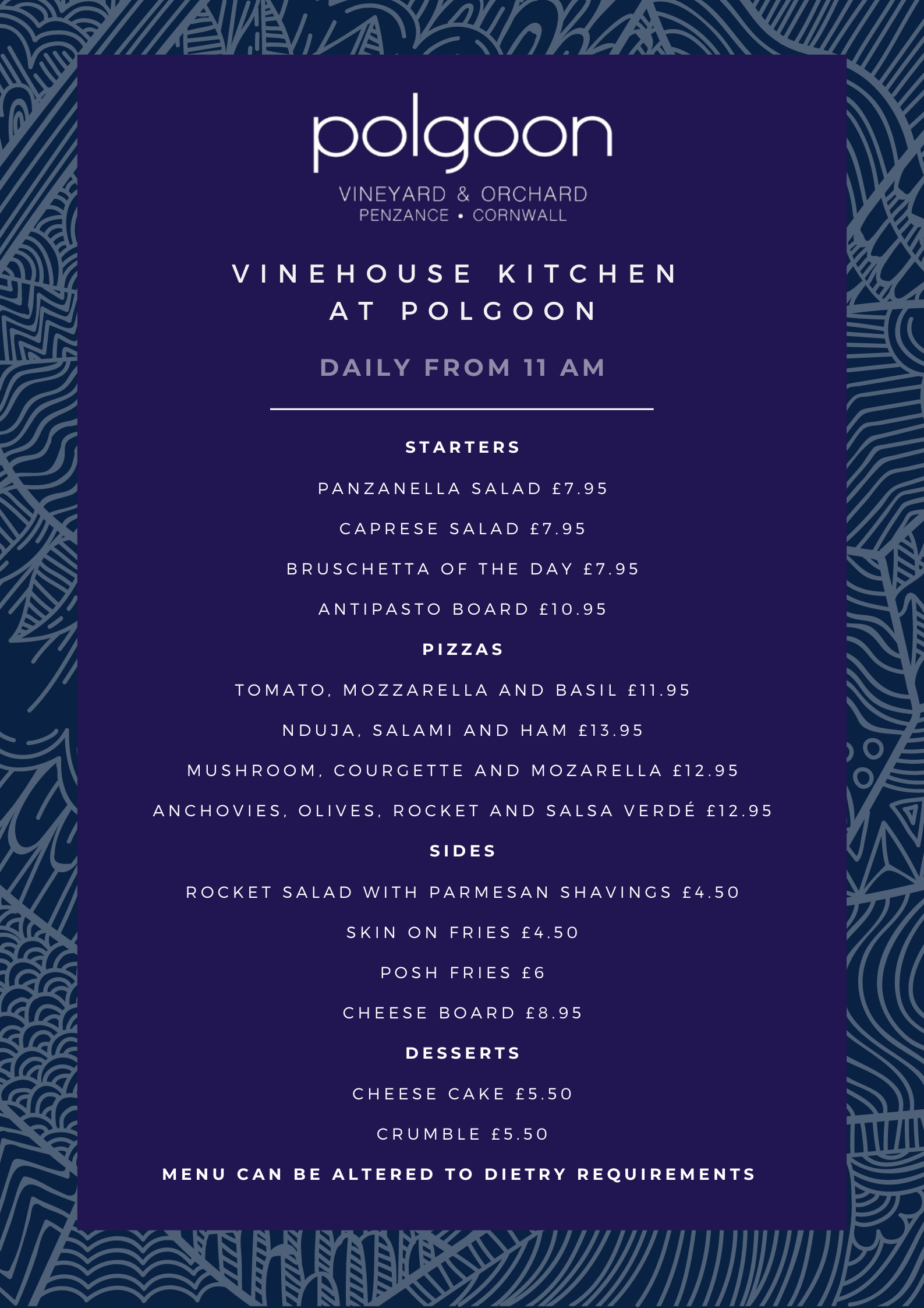 Vinehouse Kitchen at Polgoon Menu 2023 | Polgoon Vineyard & Orchard
